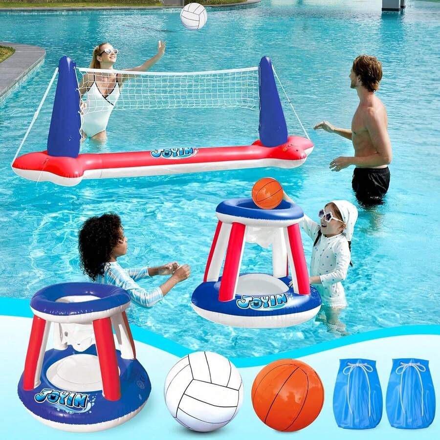 JOYIN Inflatable Pool Float Set Volleyball Net & Basketball Hoops ...