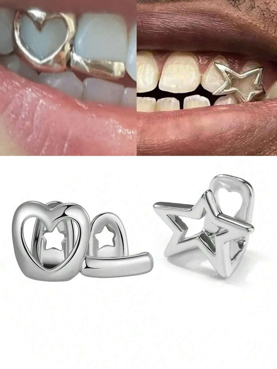 1pc Hollow Star, Heart-Shaped Teeth Grillz Hip Hop Minimalist Gold ...