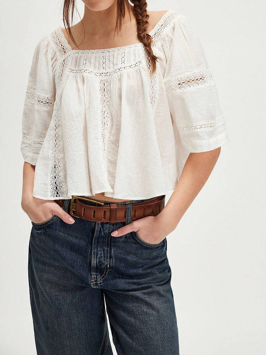Women Ruffle Bow Tie Peplum Tops Boho Flowy Short Sleeve Peasant Blouse ...