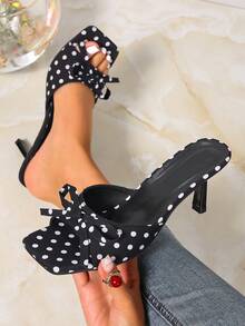 Black Square Toe Bowknot Decor High Heel Sandals, Breathable Open Toe ...