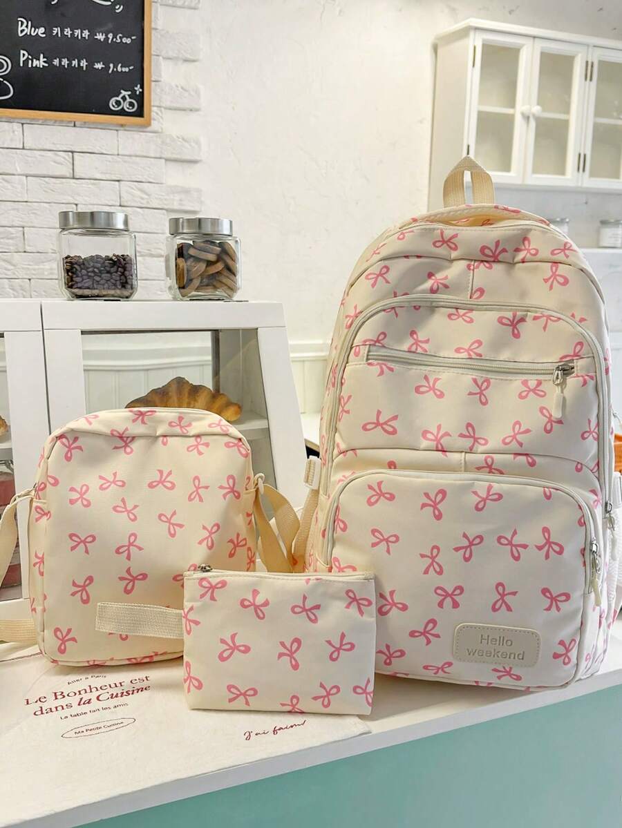 Nylon Bow Print Backpack Set, Foldable Multi-Pocket Large Capacity ...