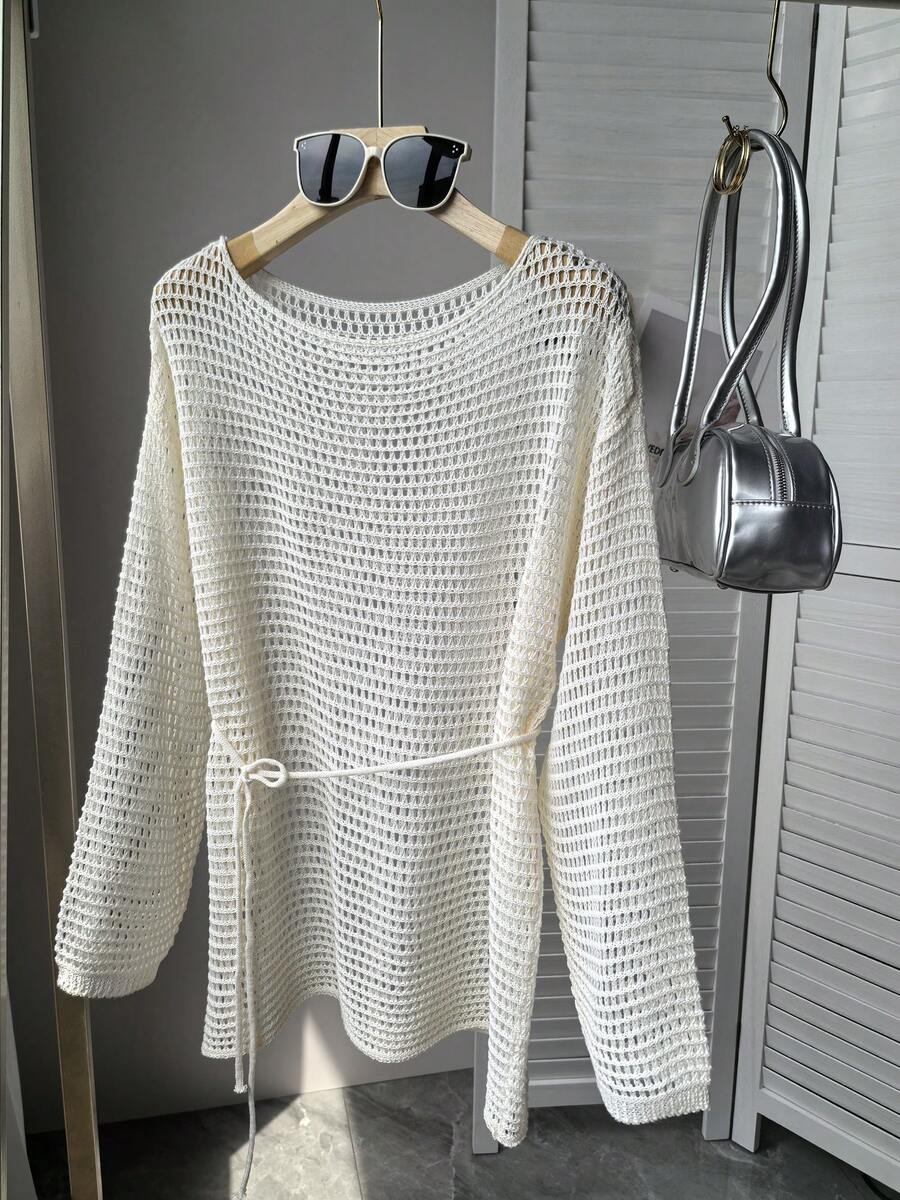 Spring Summer New Solid Color Casual Hollow-Out Long Sleeve Sweater ...