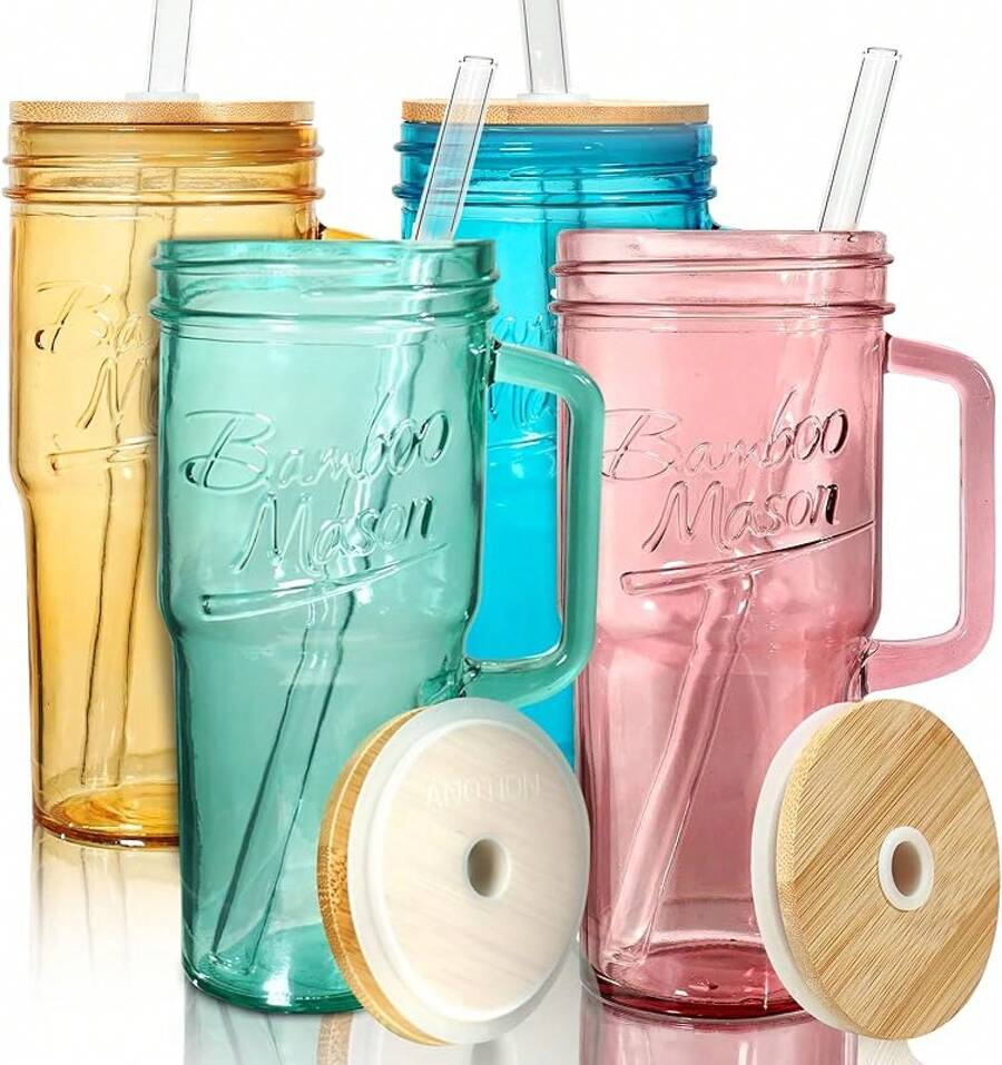 Glass Cups With Lids And Straws - 40 Oz Tumbler With Handle And Straw ...
