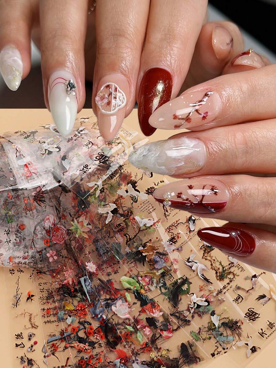 Chinese Nail Foil Stickers Crane Ancient Poetry Ink Flowers Bamboo ...