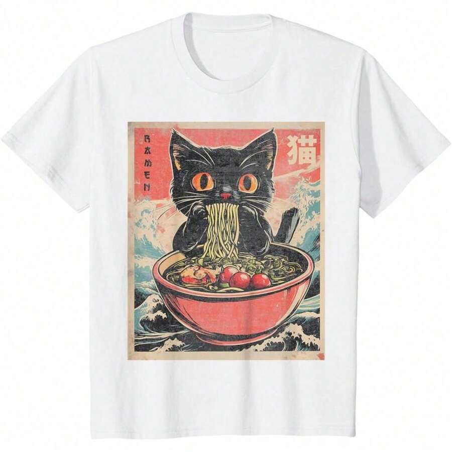 Cat Ramen Japanese Funny Graphic Tees Kawaii Cat Anime Gifts T-Shirt ...