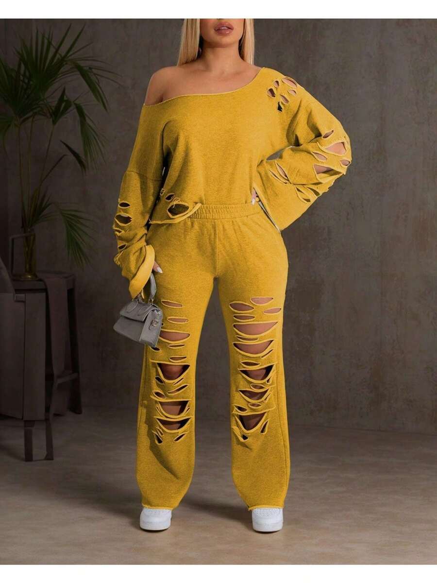 Women's 2-Piece Set Casual Crop Top Shirt Hollowed Out Sports Pants ...