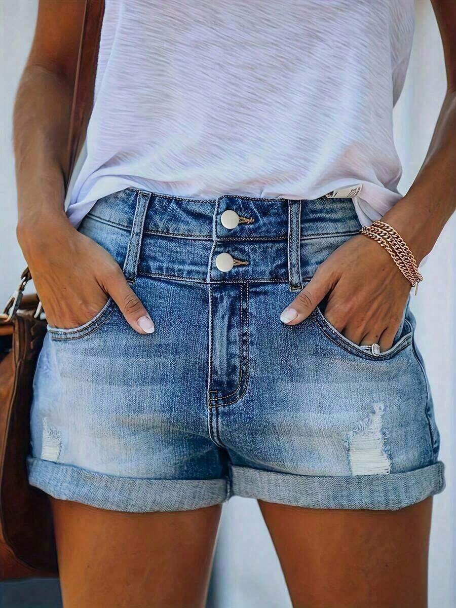 Women's Slim Denim Shorts With Holes, Diagonal Pockets, Double-Button ...