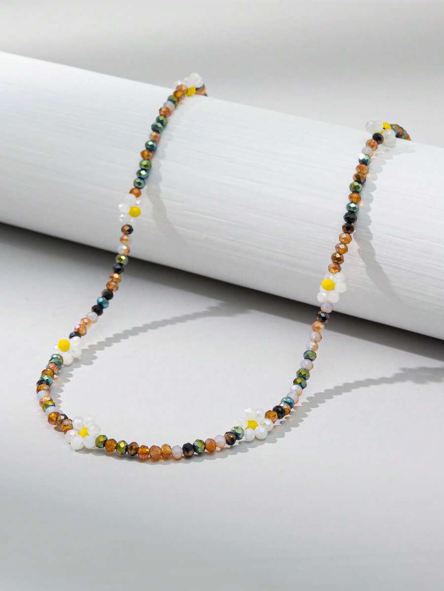 1pc Summer Women Colorblock Seed Beads Flower Necklace, Suitable For ...