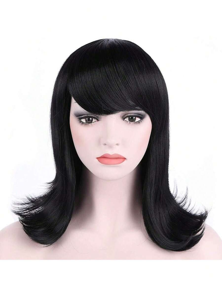 Women's Short Black Straight Hair 50s Cosplay Flip Wigs With Flat Bangs ...