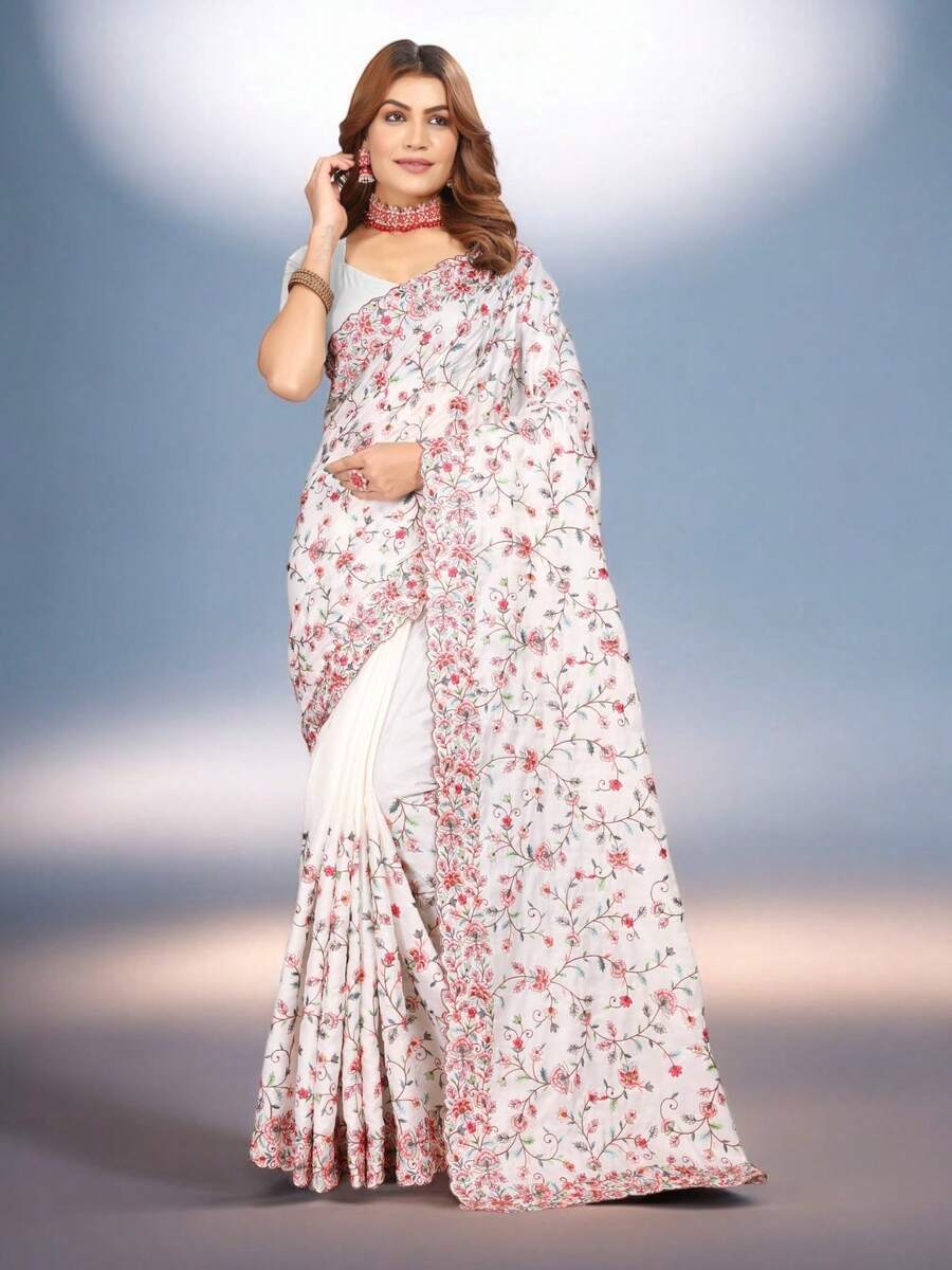 White Tussar Silk Traditional Designer Saree With Ready Blouse– Wear ...