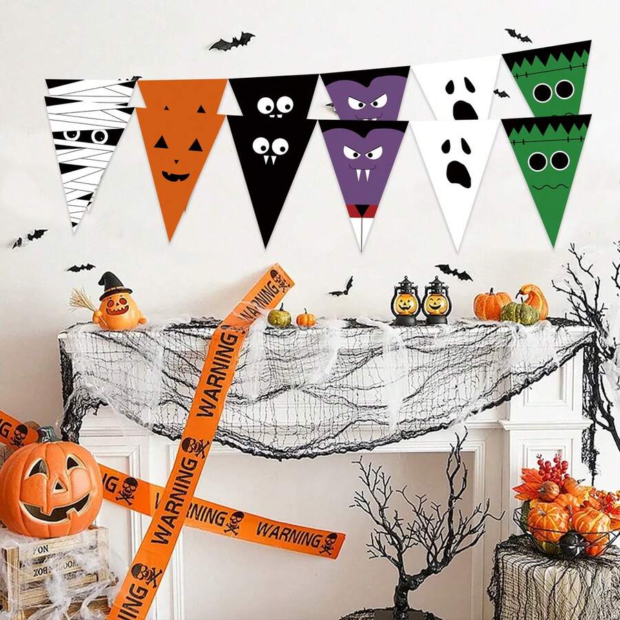 12PCS Halloween Pennant Banner Flags Scare Face Fabric Triangle Flags ...