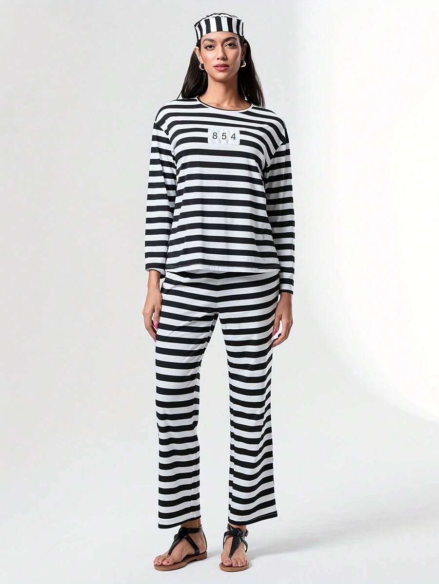 Women Halloween Prisoner Costume Set Striped Long Sleeve Tops Long ...