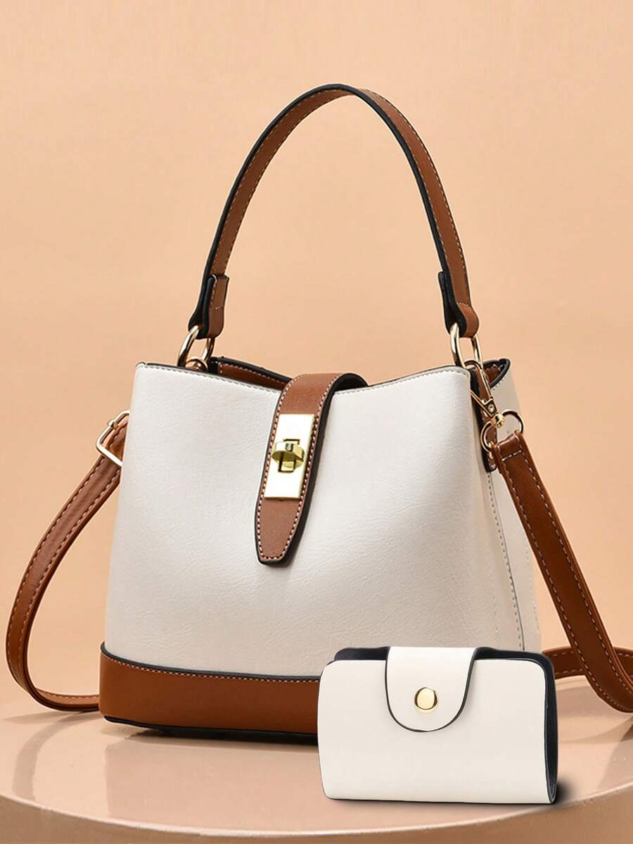 2pcs/Set Women Color Block Bucket Bag Stylish Crossbody Shoulder ...