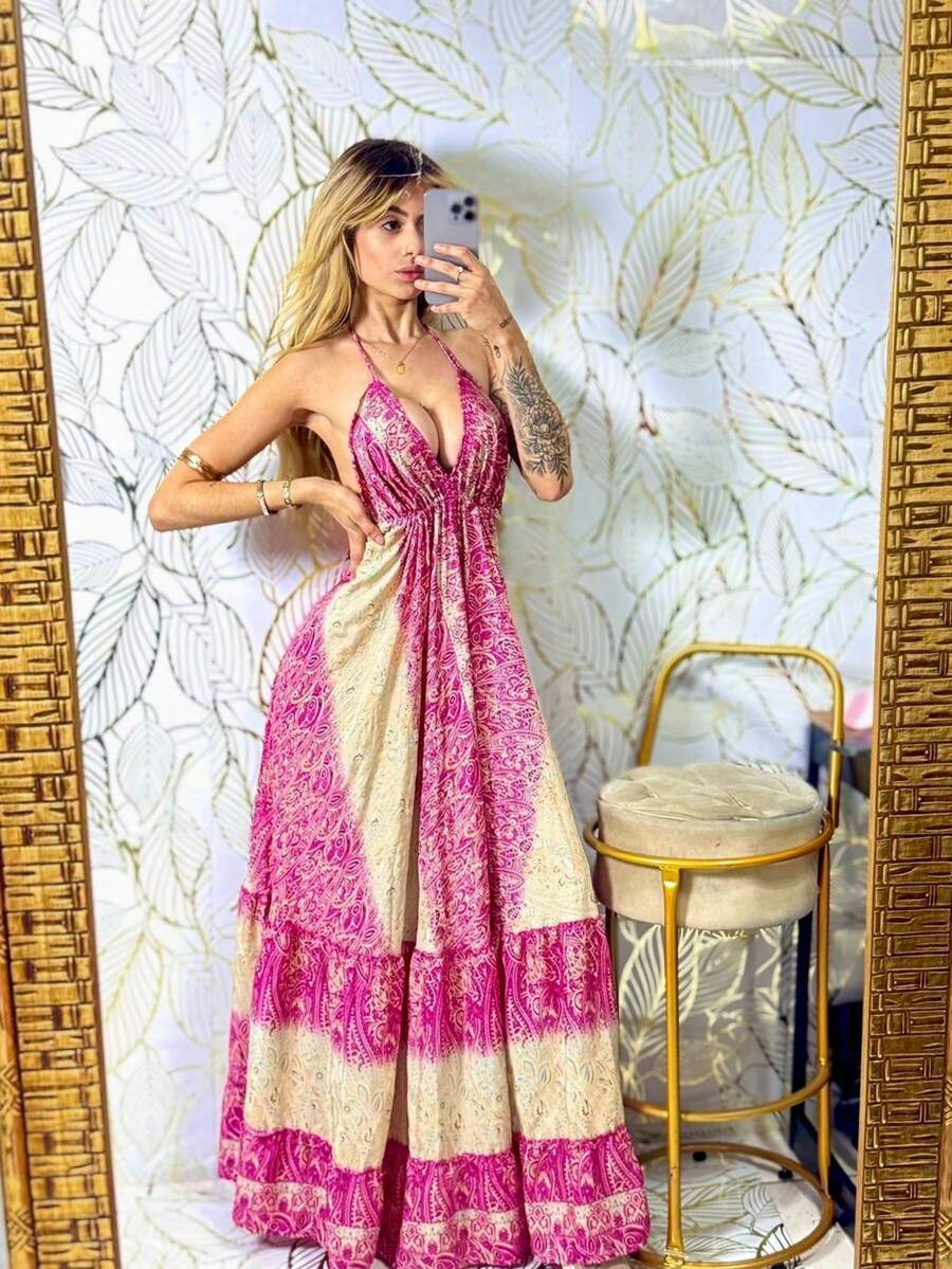 Vestido Seda Indiana Boho Chic Versátil – Frente Única estampas ...