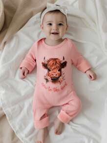 New To The Herd Baby Girl Western Outfit Ribbed Highland Cow Print Long Sleeve Jumpsuit Headband ...