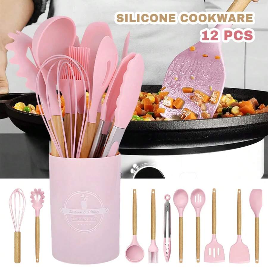 Silicone Cookware Set 12pcs Kitchen Utensil Wooden Handle Non-Stick ...