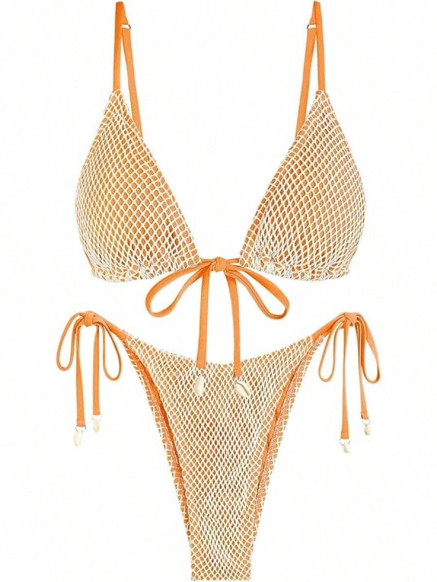 Women Triangle String Two Piece Bikini Fishnet Mesh Tie Shell Decor ...