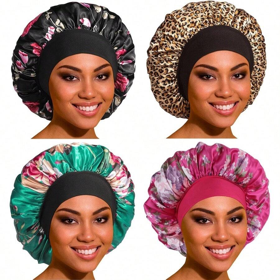 EE3Satin Bonnet Hair Bonnet For Sleeping 4 Pack Large Silk Bonnets For ...