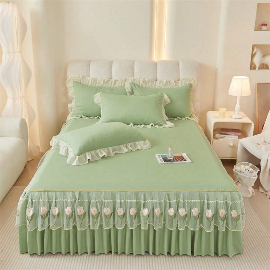 3pcs/Set Floral Embroidered Bed Skirt Set, Breathable & Skin-Friendly ...