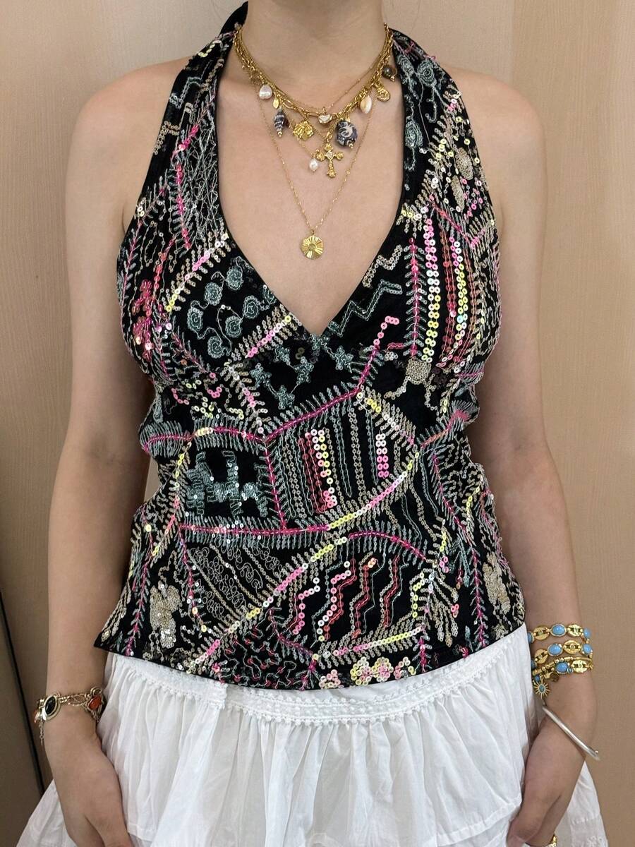 Women Fashion Halter Tops Summer Beaded Floral Pattern Backless Shirts ...
