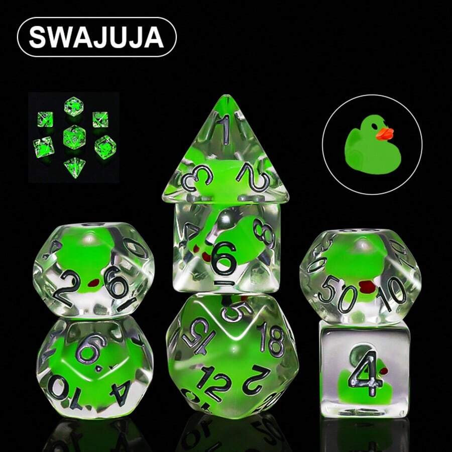 SWAJUJA Fluorescent Green Duck Resin D&D Dice Set, 7pcs Polyhedral Dice ...