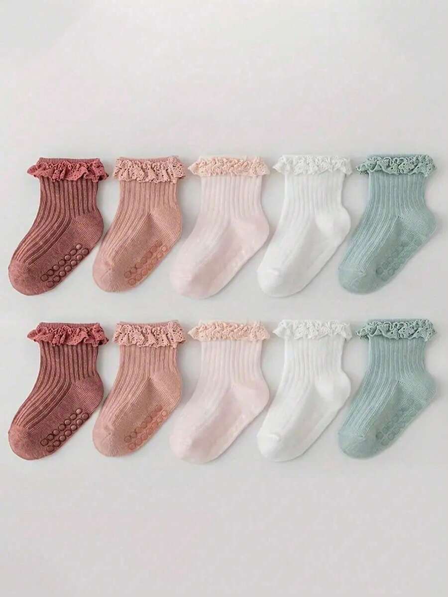 10 Pairs Baby Girls' Solid Color Cute Anti-Slip Lace Trim Ankle Socks ...