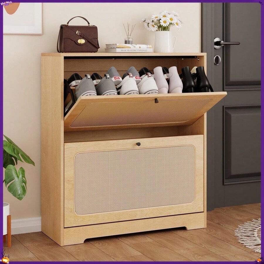 Hommpa Rattan Shoe Cabinet With 2 Flip Drawers & Adjustable Shelves 5 ...