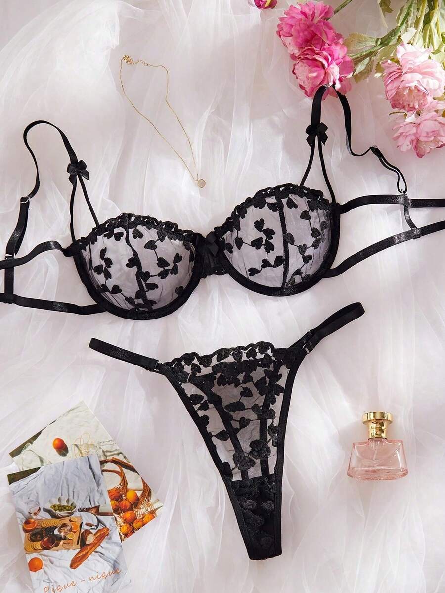 Women Solid Embroidered Sheer Strap Bra And G-String Sexy Lingerie Set ...