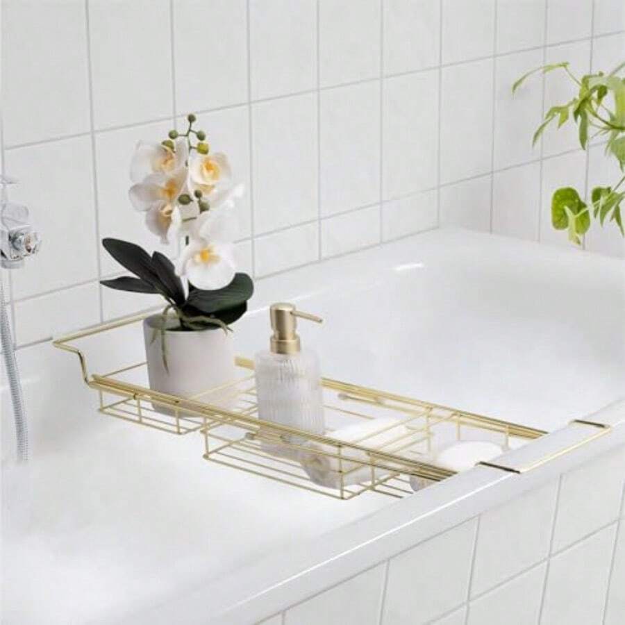 Navaris Gold Wire Bath Tray Adjustable Bath Caddy Organiser Trays For ...