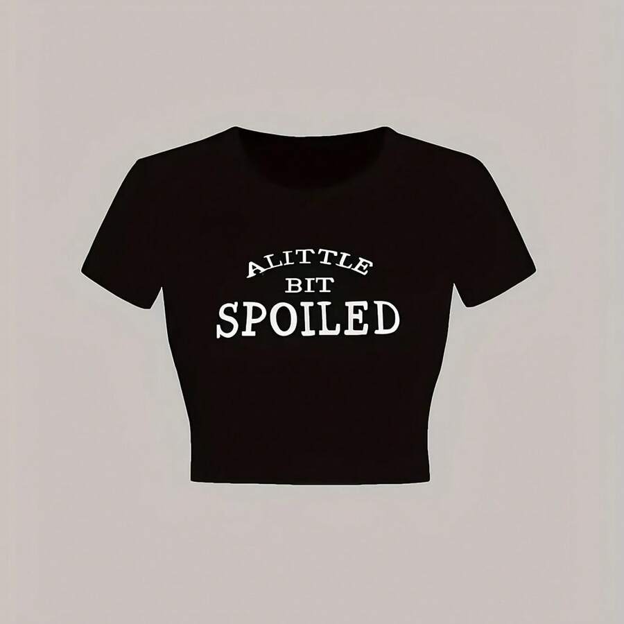 LocalWomen'S Y2K A Little Spoiled Crop Top Tee - Black Short Sleeve ...