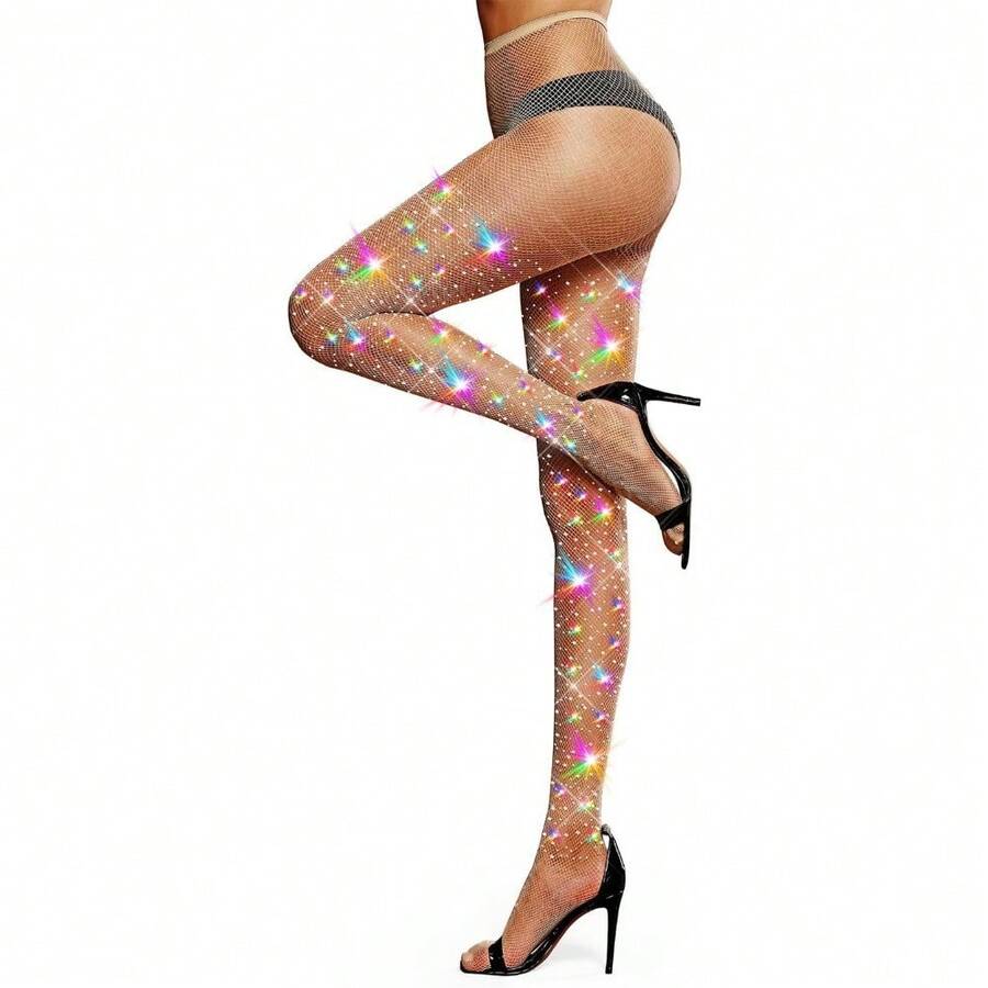LUCKELF Sexy High Waist Tights Sparkle Rhinestone Fishnets Party Rhinestone Mesh Stockings ...