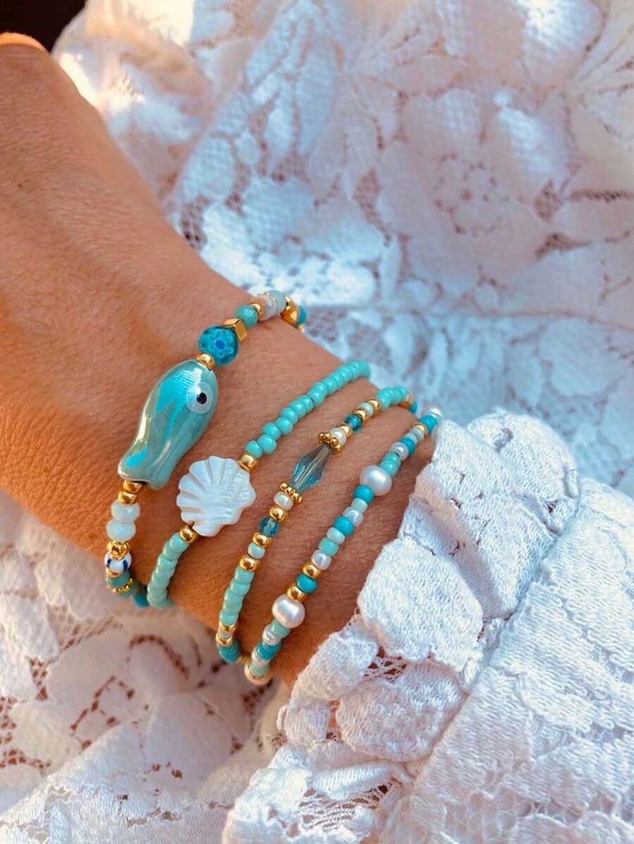 1PC Tropical Ocean Shell Small Fish Element Bracelet, Blue Bead Multi ...