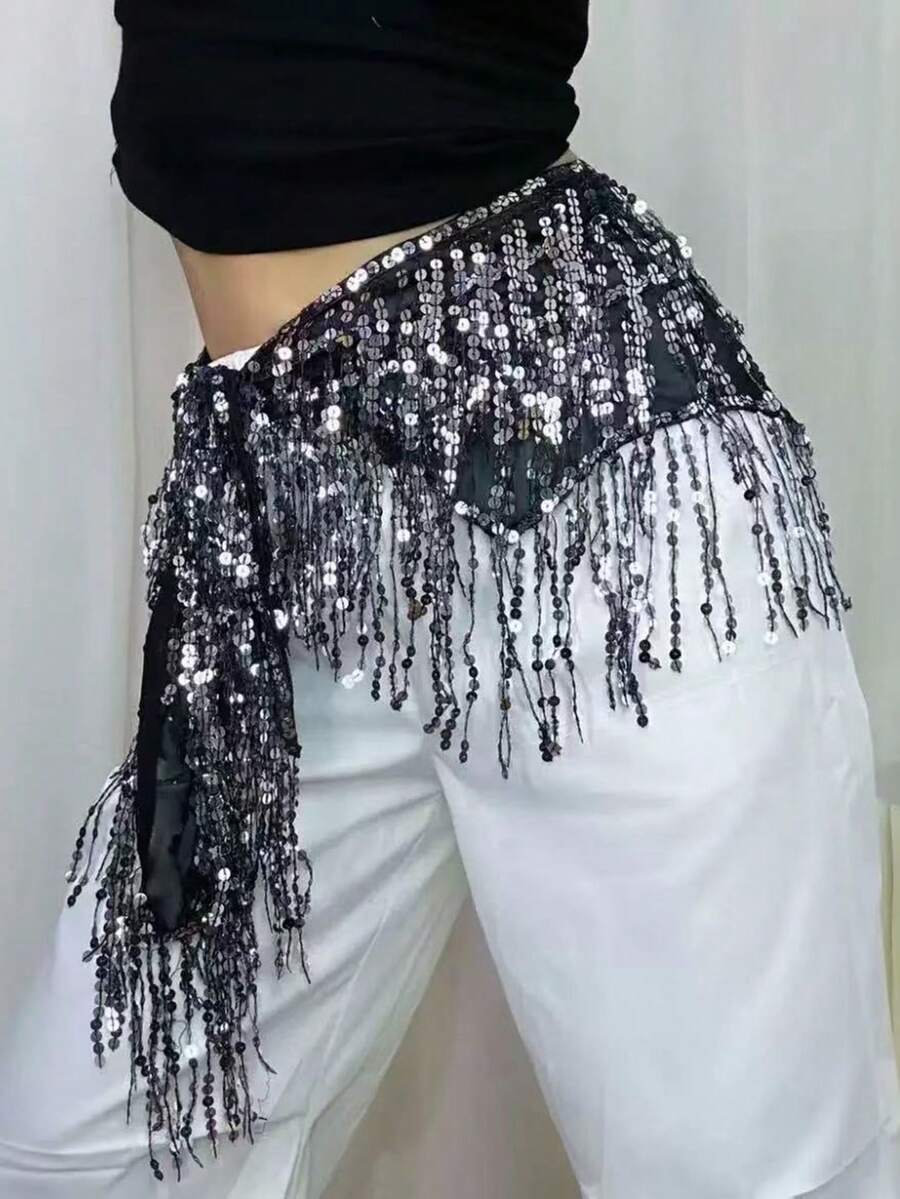 Sequin Skirt Fringe Wrap Skirts Sparkly Belly Dance Hip Scarf Tassel Skirt Party Rave Costume ...