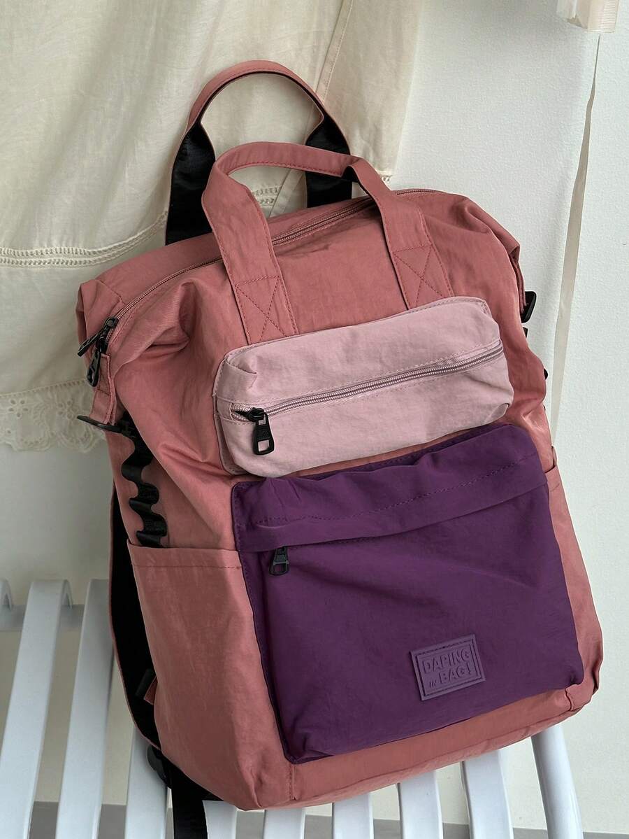 Contrast Color Backpack, Large Capacity School Bag, Lightweight Outdoor ...