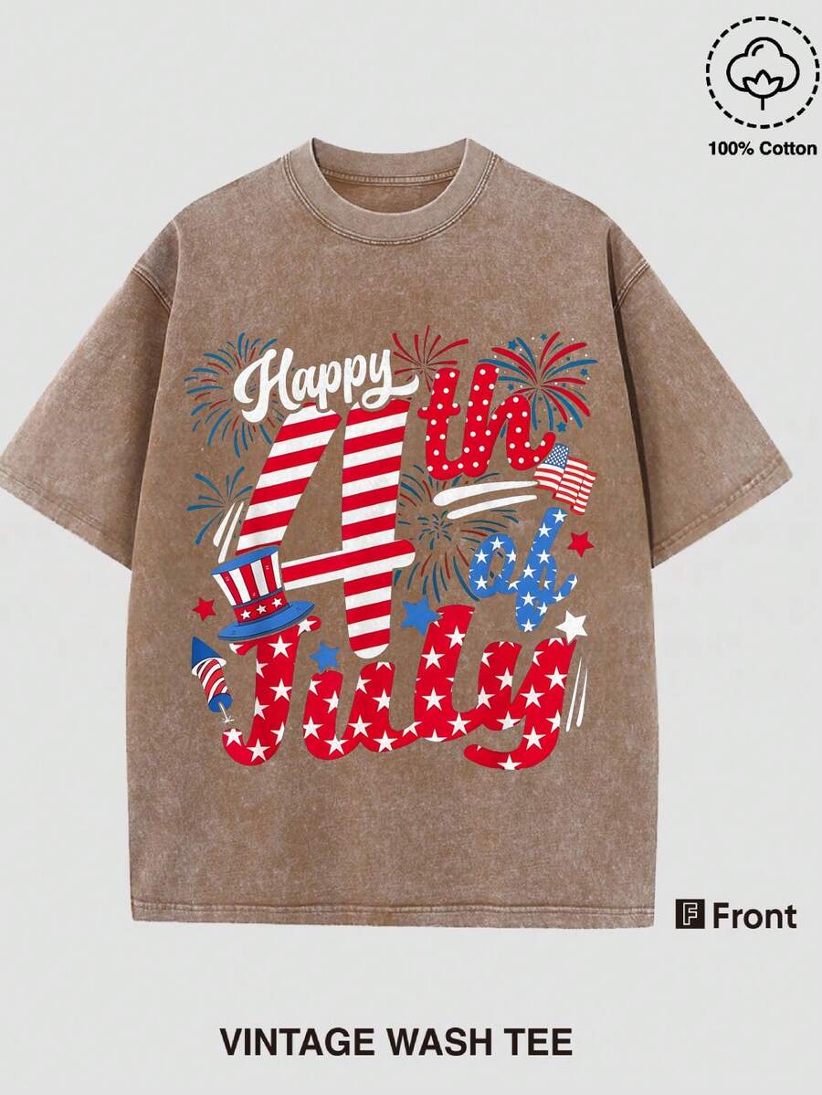 Vintage Wash Tee Pink Happy 4th Of July Fireworks & Stripes Patriotic ...