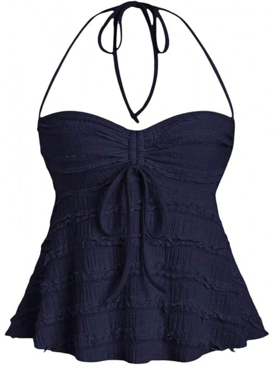 Women's Peplum Halter Crop Tops Y2K Drawstring Tie Ruched Dressy Casual ...
