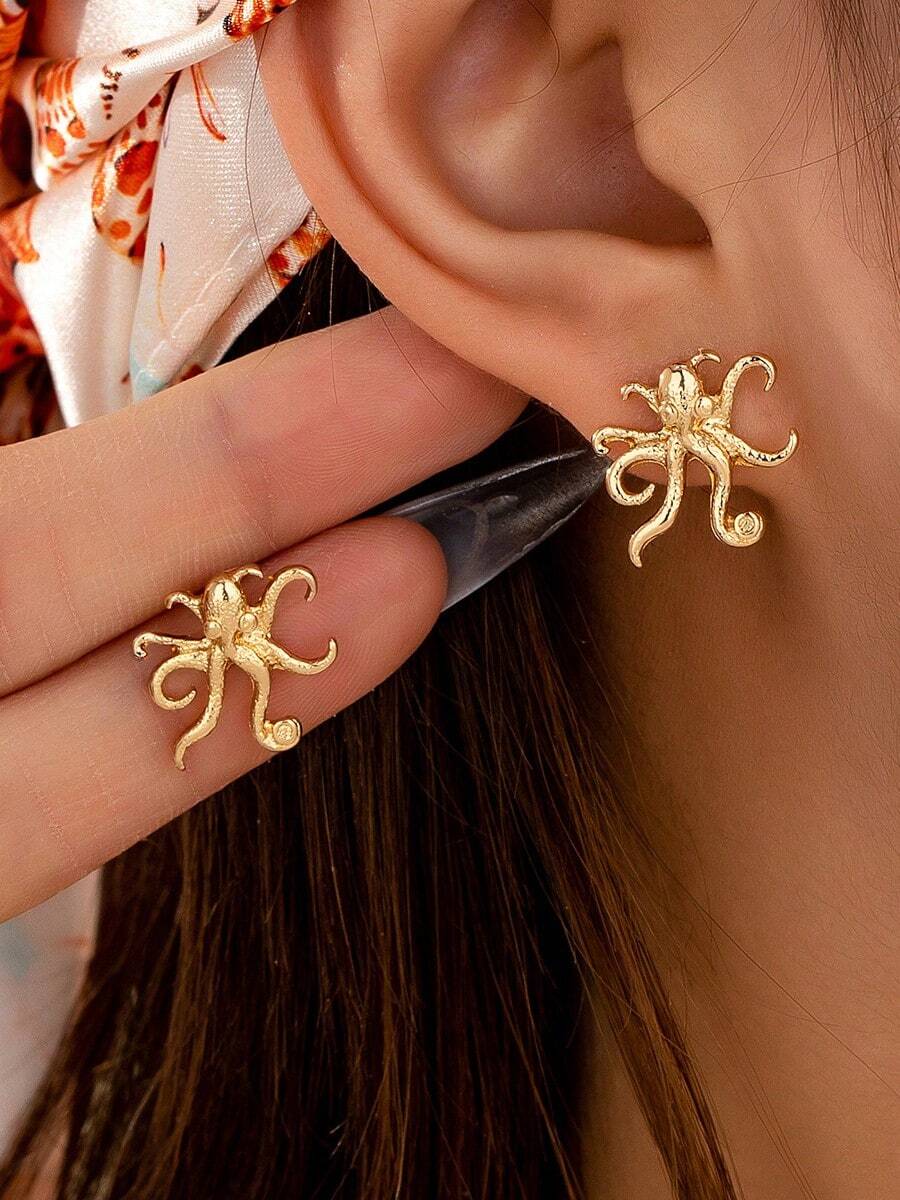 2pcs Octopus Earrings, Unique Golden Sea Creature Studs, Fashionable ...