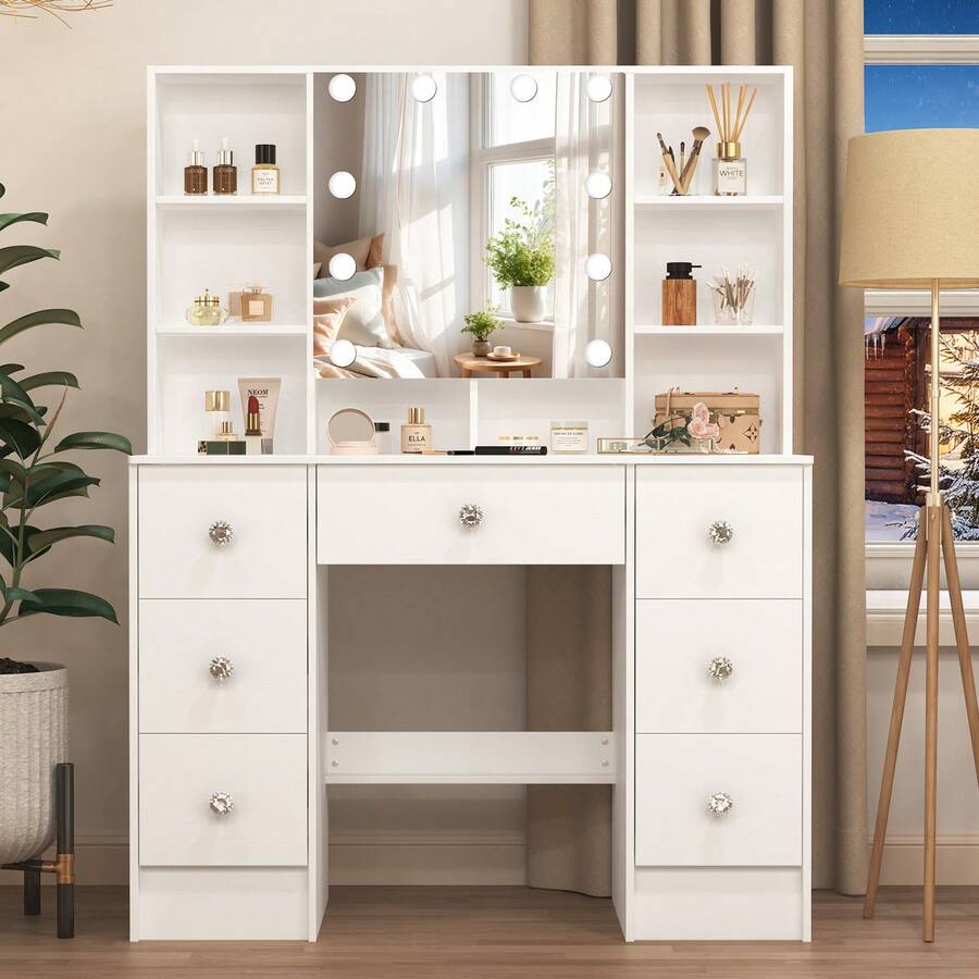 LED Dressing Table Mirror Makeup Desk With Drawer For Bedroom - White ...