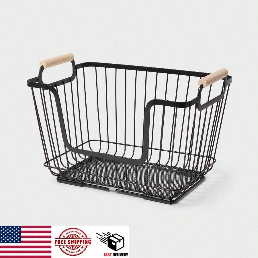 Metal Stackable Wire Pantry Basket With Rubber Wood Handle Black ...