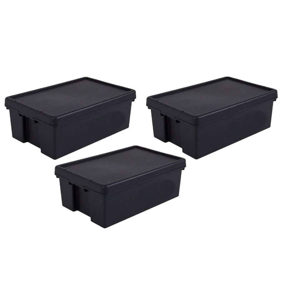 36L Heavy Duty BLACK Storage Box With Lid Plastic Stackable Containers ...