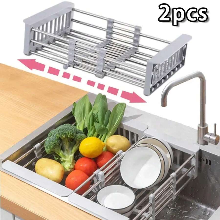 Kitchen Sink Rack Adjustable Stainless Steel Dish Drain Rack Sink Plate ...