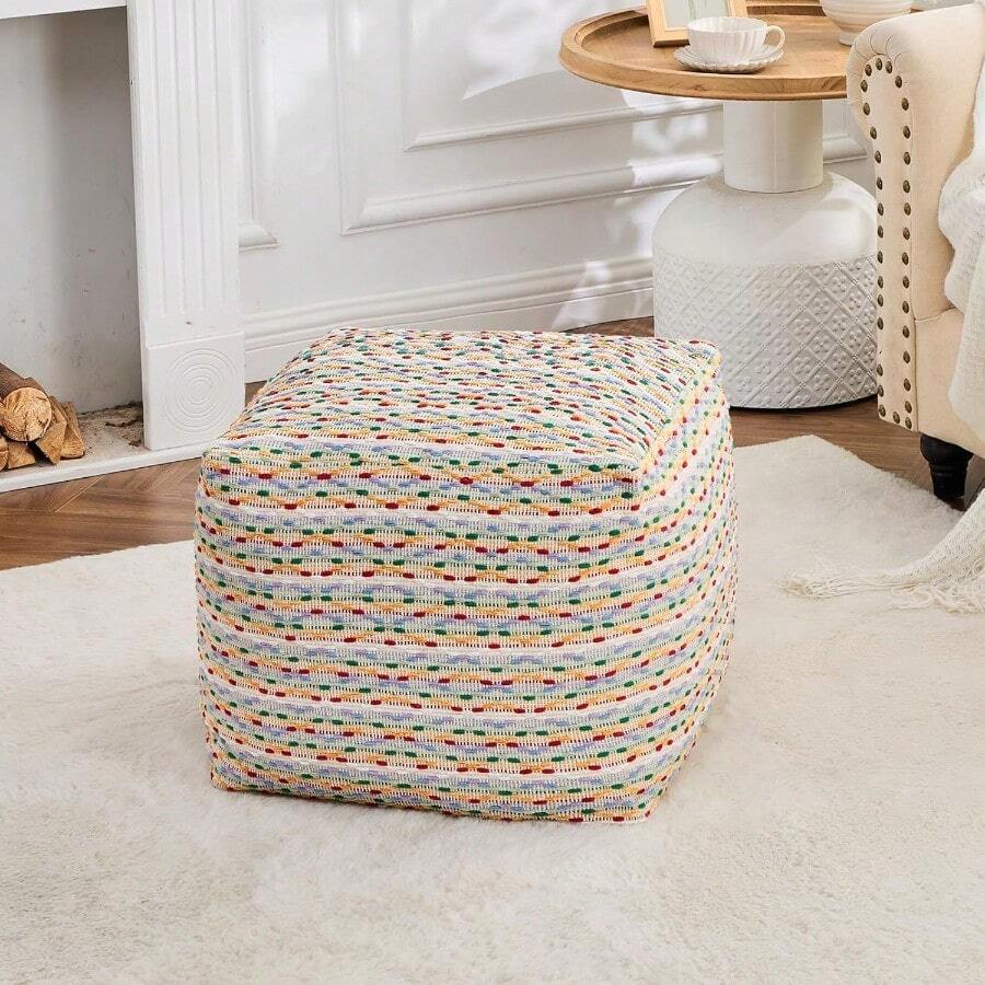 Faux Rabbit Fur Round Inflatable Pouf Ottoman, 20" X 16" Fluffy Waffle ...