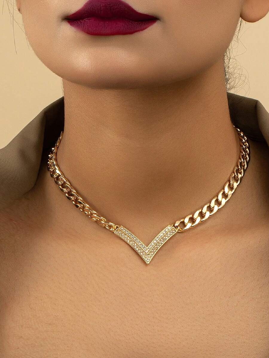 1pc V-Shaped Crystal Studded Thick Chain Necklace, Fashionable Women ...