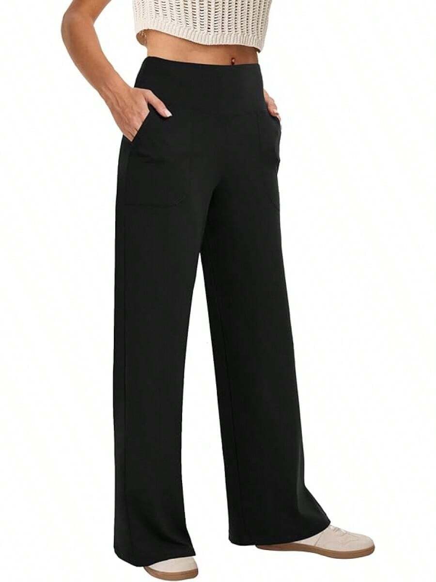 Wide Leg Pants Woman High Waist Yoga Pants With Pockets Loose Stretch ...