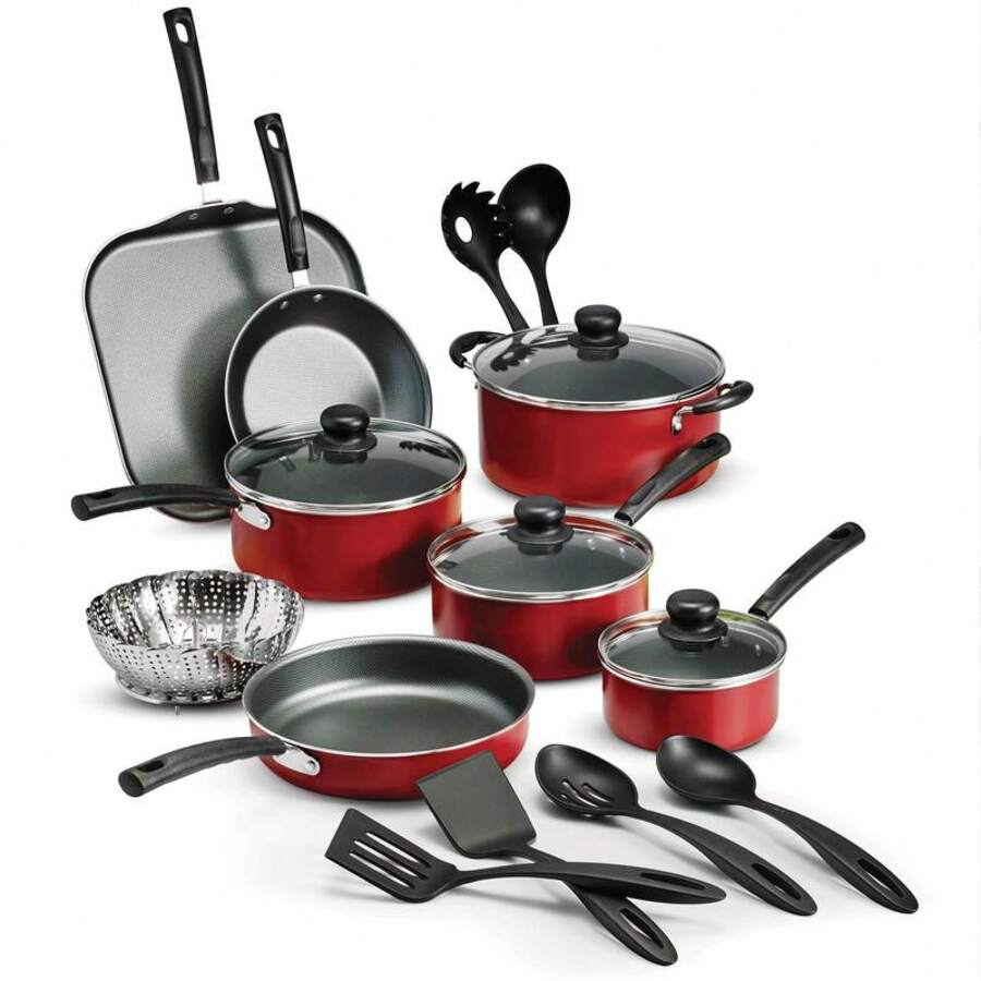 Tramontina Primaware 18 Piece Non-Stick Cookware Set, Red, Includes 18 Pieces Of Non-Stick ...