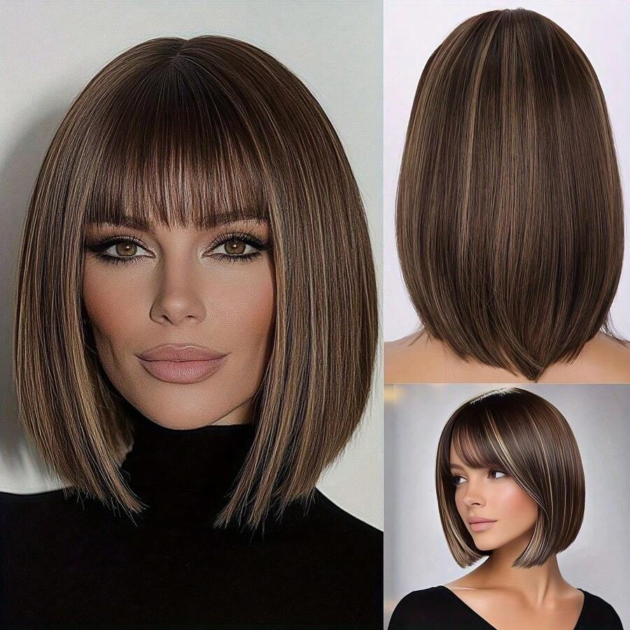 Peluca corta y lacia de 30 cm para mujer, sintética, marrón, con ...