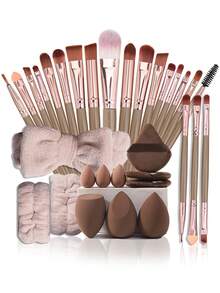 32 Stück Reise-Make-up-Set | 20 Profi-Pinsel + 6 Schwämme & Puder-Set ...