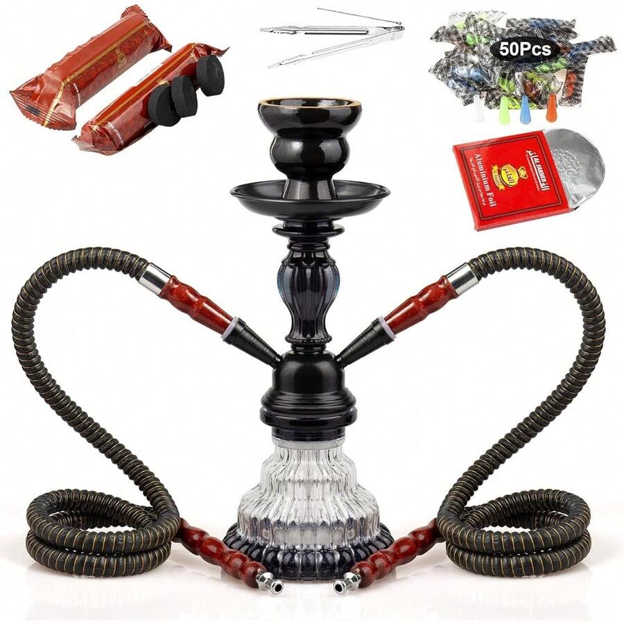 2 Hose Hookah Set, 11" Glass Hookah Shisha With Stable Glass Vase Base ...