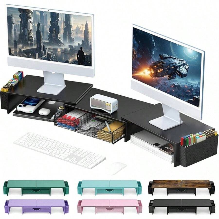 Gianotter Dual Monitor Stand Riser, Desk Organizer With Drawer And 2 ...