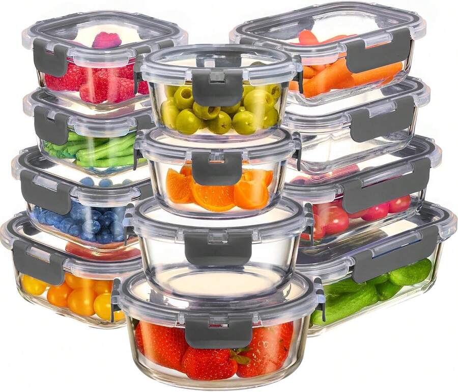 24 Piece Glass Storage Containers With Lids - Airtight, Leak Proof ...